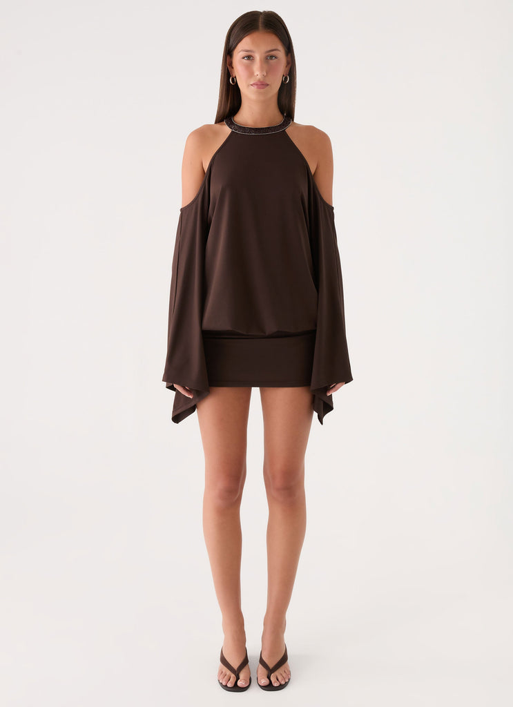 Sanah Long Sleeve Mini Dress - Chocolate – Peppermayo US